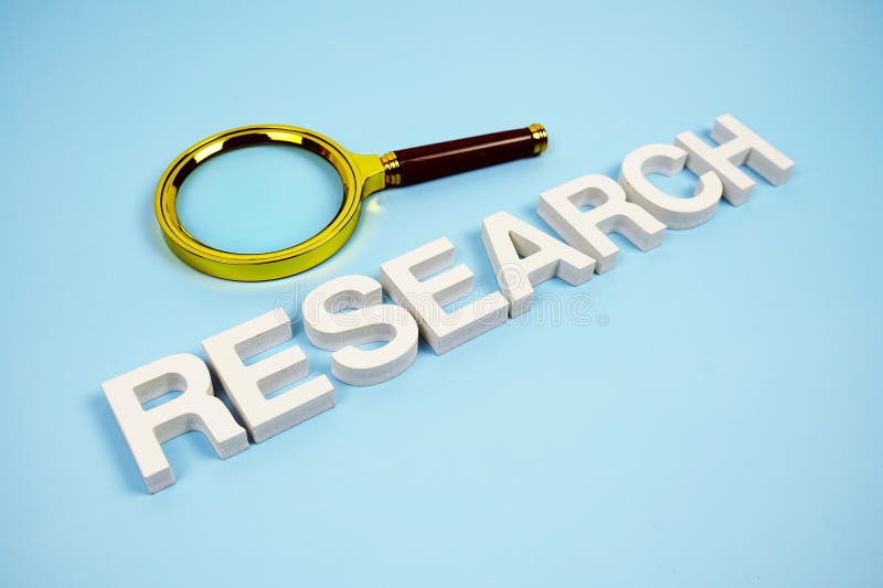Research Word with Magnifying Glass Top View on Blue Background Stock ...