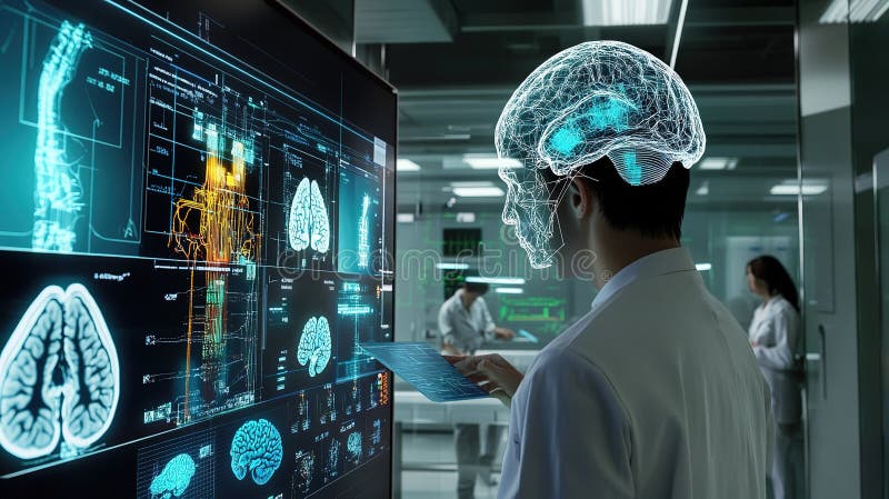 Researcher Analyzing Brain Data in a Modern Laboratory during a ...