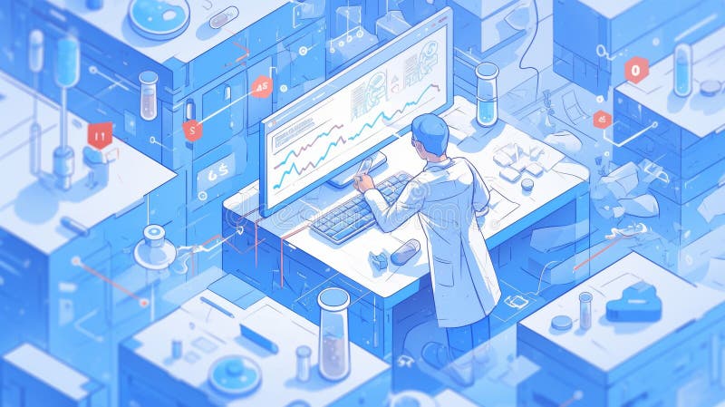 Researcher Analyzing Data on Computer in Futuristic Laboratory Setting ...