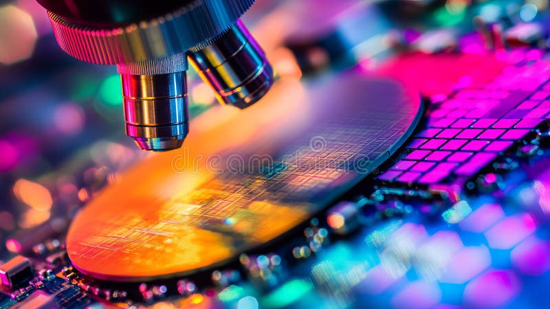 Researcher Analyzing Semiconductor Chips Under a Microscope in Colorful ...