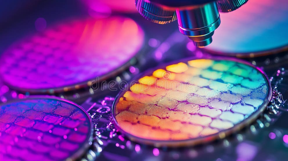 Researcher Analyzing Semiconductor Chips Under Microscope with Colorful ...