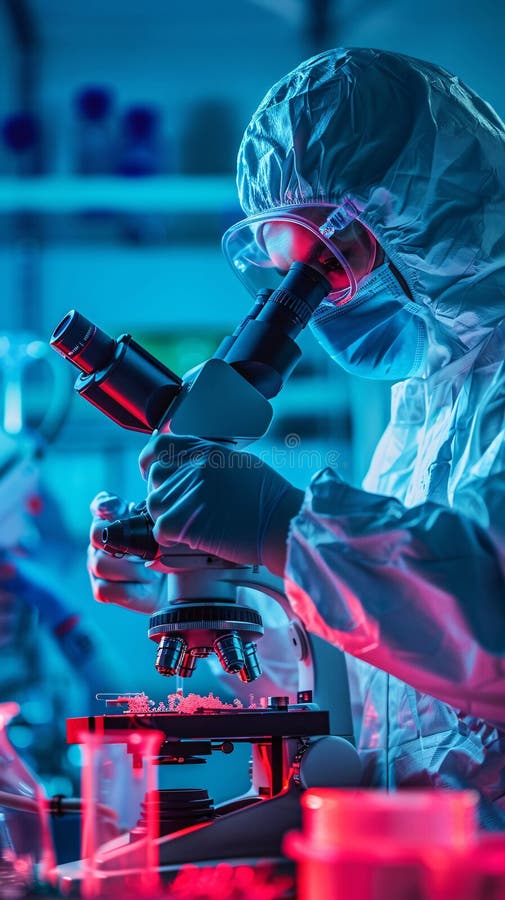 Researcher in Cleanroom Using a Microscope Stock Image - Image of ...