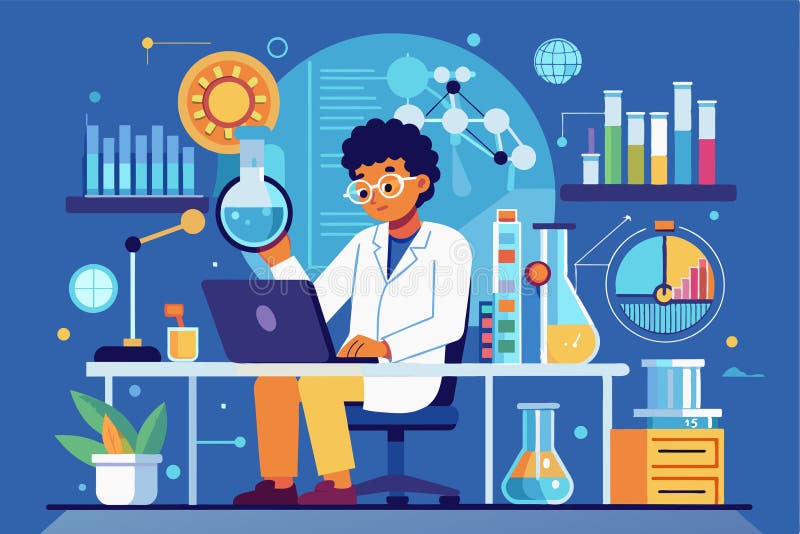 A Researcher Conducts Data Analysis at a Desk Surrounded by Scientific ...