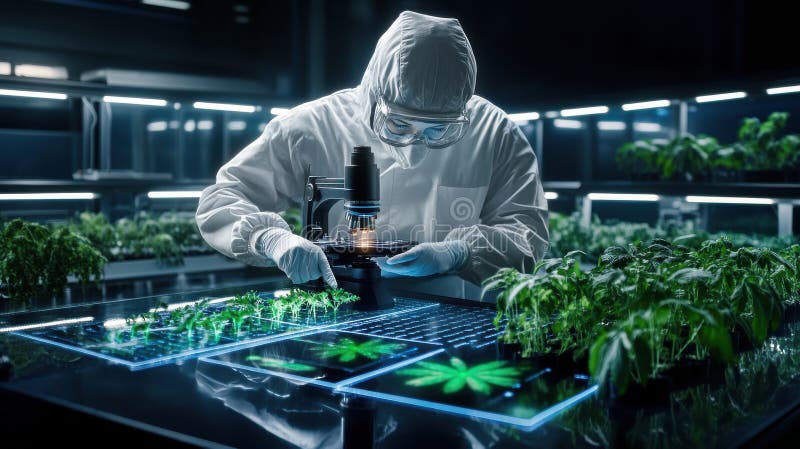 A Researcher Examines Plants Under a Microscope in a High-tech Lab Designed for Advanced ...