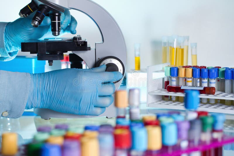 Researcher at the Microscope Lab Workbench Stock Image - Image of hands ...