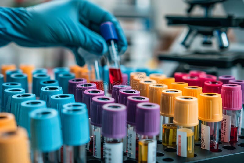 Researcher with Gloved Hands Processes Vibrant Test Tubes in Lab Stock ...