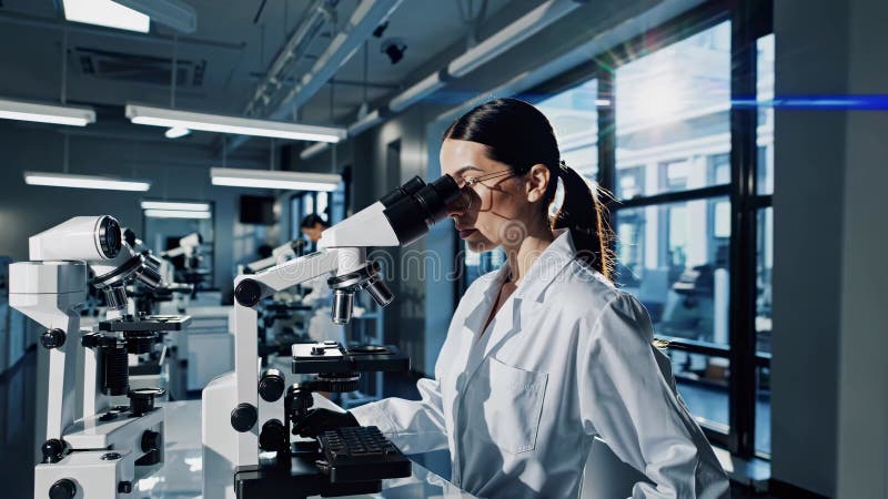 Researcher in High-tech Laboratory Looks through Microscope Symbolizing ...