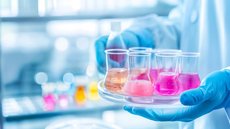 A Researcher in a Lab Coat Holds a Tray with Several Flasks Containing ...