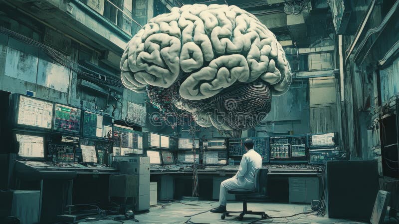 Researcher Overseeing a Giant Suspended Brain in a Lab Stock Photo ...