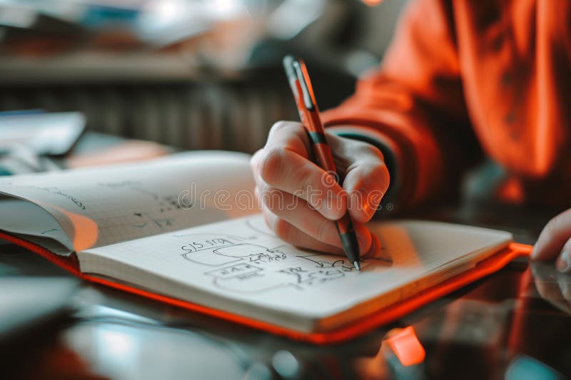 Researcher Sketching a Diagram in a Notebook in an Office, Focused Task ...
