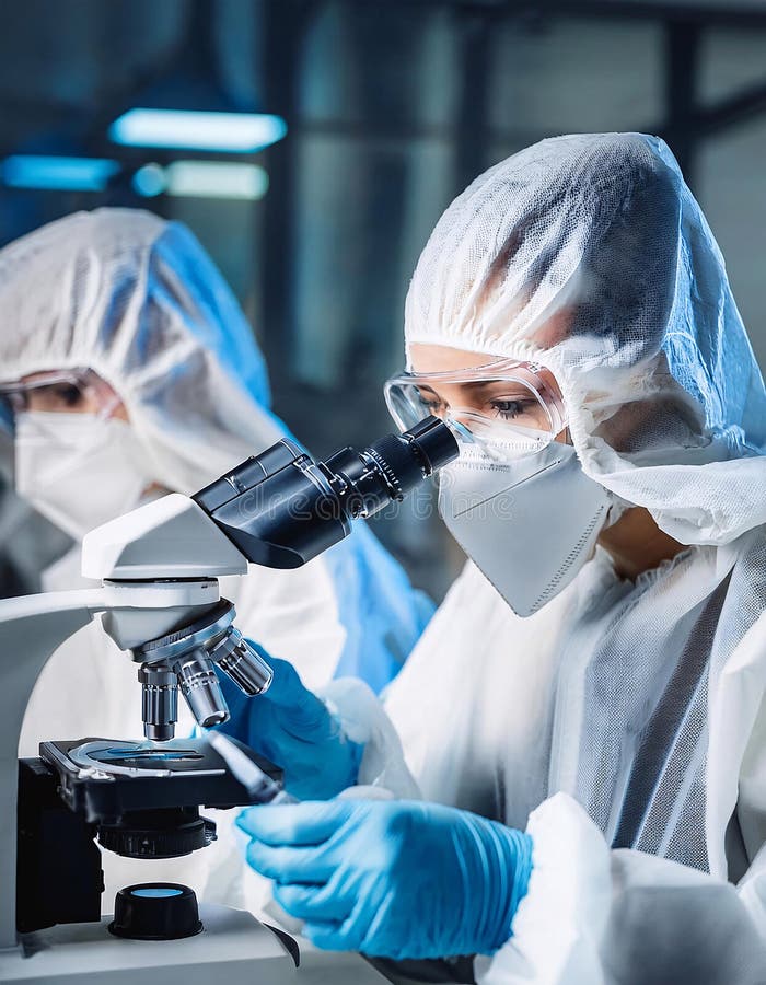 A Researcher in a Sterile White Lab Coat and Gloves Examines a Sample ...