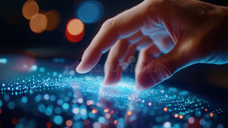 Researcher Tapping Glowing Holographic Display, Revealing Spinning ...