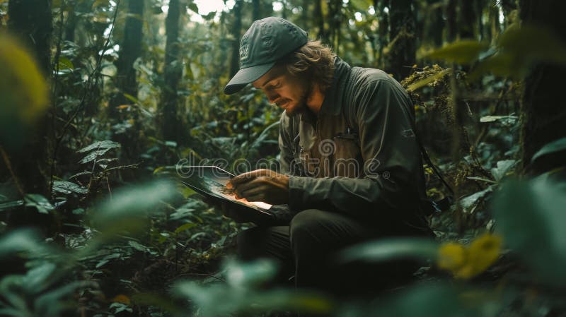 Researcher Tracking Endangered Species in Lush Forest Environment Stock ...