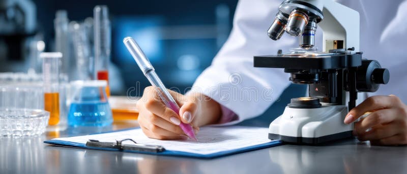 Researcher Working on Clinical Trial Data with Microscope in Laboratory ...