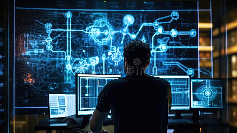 Researcher Working in Laboratory, Glowing Monitors Stock Image - Image ...