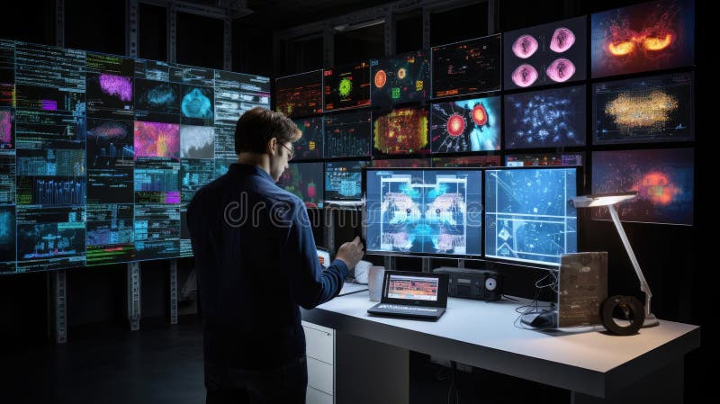 Researcher Working in Laboratory, Glowing Monitors Stock Image - Image ...