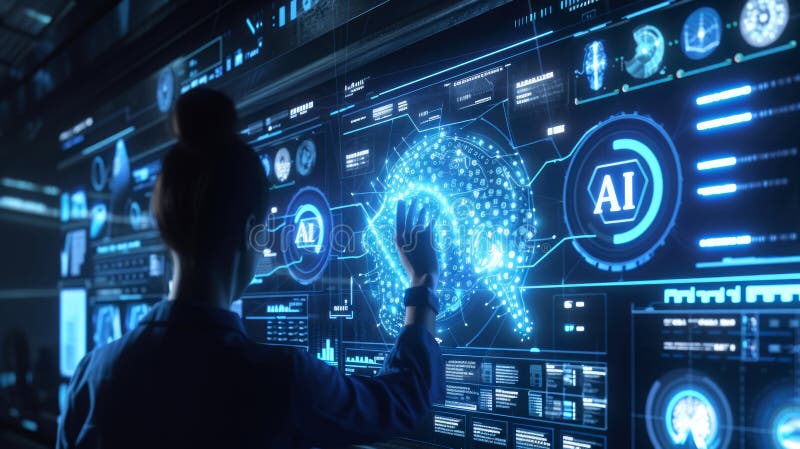 Researcher Works with Artificial Intelligence Control Panel in Dark ...