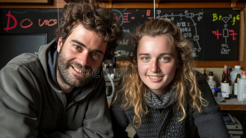 Researchers Analyzing Data in Lab with Chemical Formulas Backdrop for ...