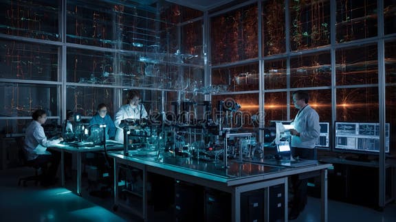 Researchers Conducting Quantum Physics Experiments with Lasers and Digital Equations Stock ...