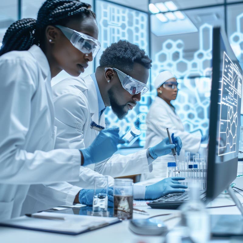 Researchers Intently Analyze Data in Lab with Vibrant Chemical Formulas ...