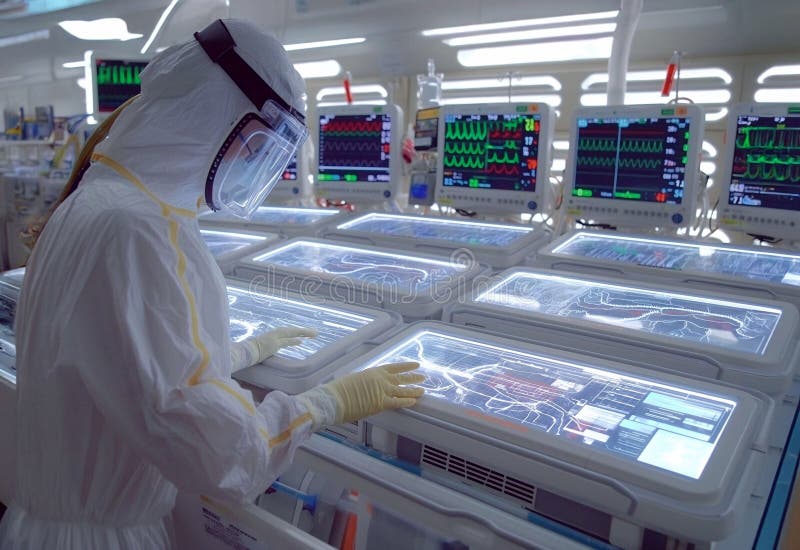 Researchers in PPE Suits in a High-tech Lab with Multiple Computer ...