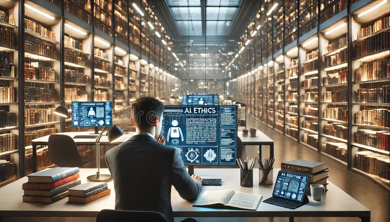 Researching AI Ethics in a Futuristic Library Stock Illustration ...