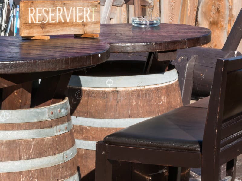 Reserved Barrel Shaped Table in Mountain Chalet Stock Image - Image of ...