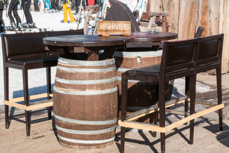 Reserved Barrel Shaped Table in Mountain Chalet Stock Image - Image of ...