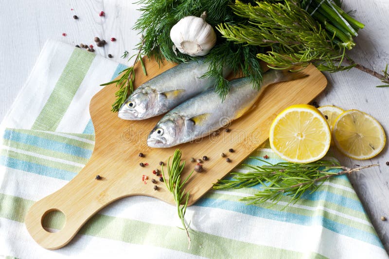 Resh Fish with the Vegetables, Condiment and Lemon, Bluefish. Food ...