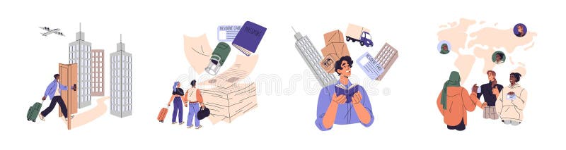 Residence Permit Concept Set. Migration in Different Locations, People ...