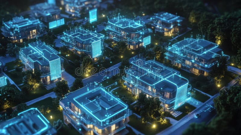 A Residential Area Featuring Smart Homes Each Adorned with Shimmering ...