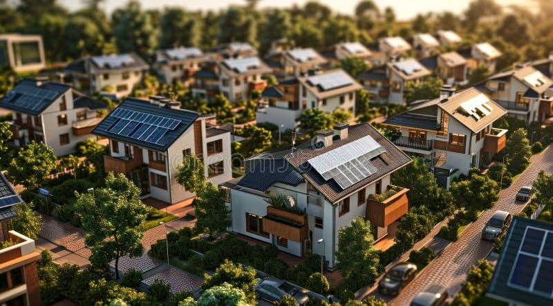 A Residential Area with Solar Panels on the Roof Stock Photo - Image of ...