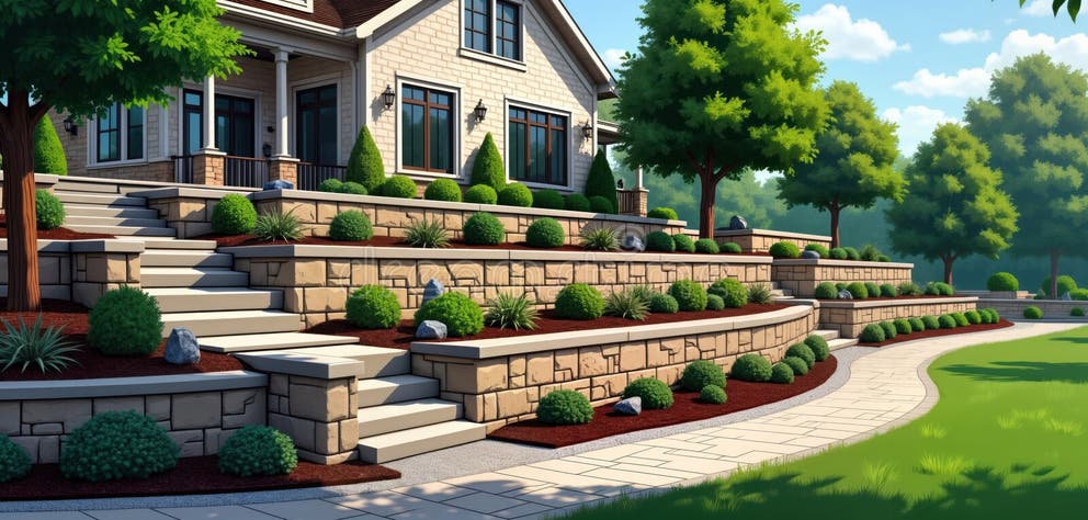 Residential Backyard Landscaping Project Features Retaining Wall Made ...