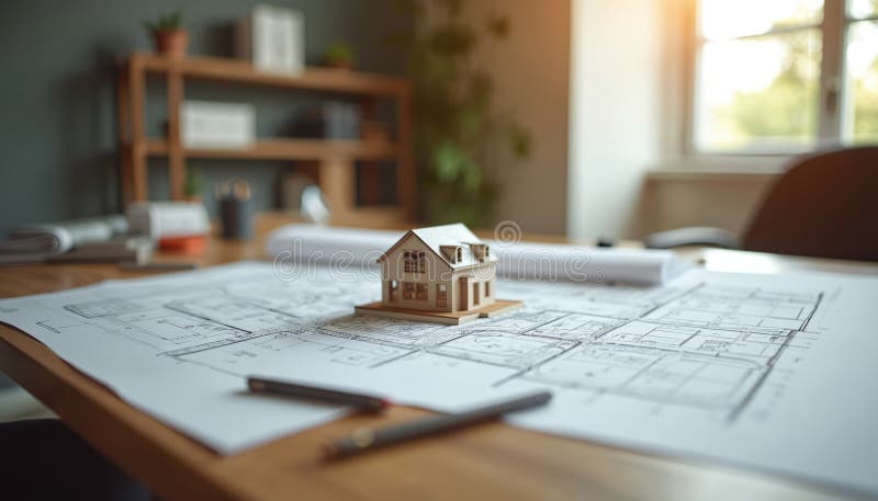 Residential Building Project Blueprint on Architect Office Desk. House ...