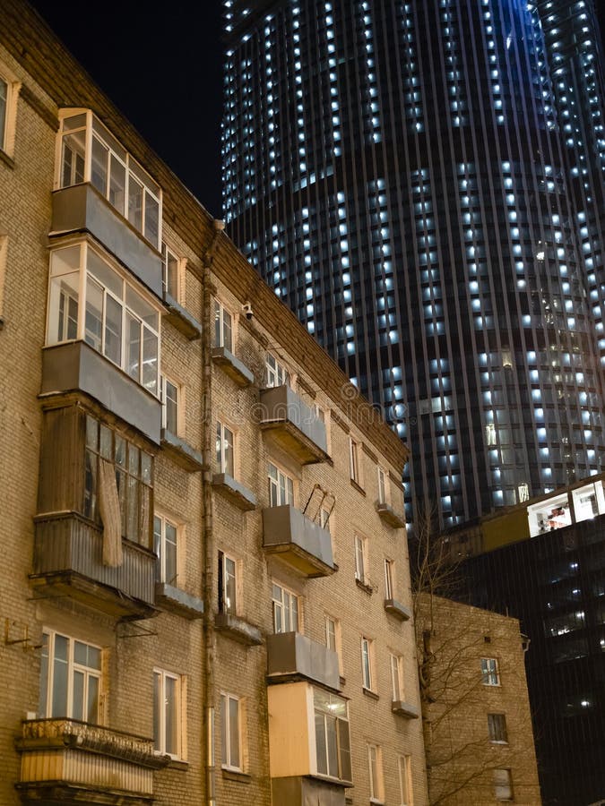 Residential Building and Skyscraper at Night Stock Image - Image of ...