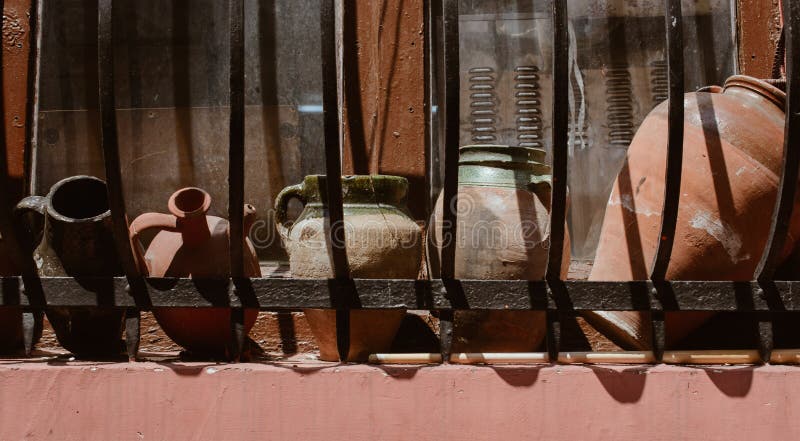 Residential Building Window with Clay Pitchers Stock Photo - Image of ...