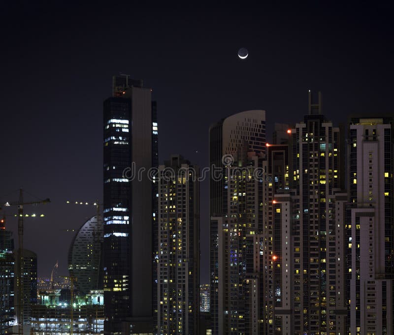Residential Buildings in Dubai at Night Stock Image - Image of moon ...