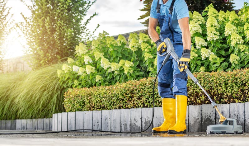Residential Concrete Driveway Pressure Washing Stock Photo - Image of ...