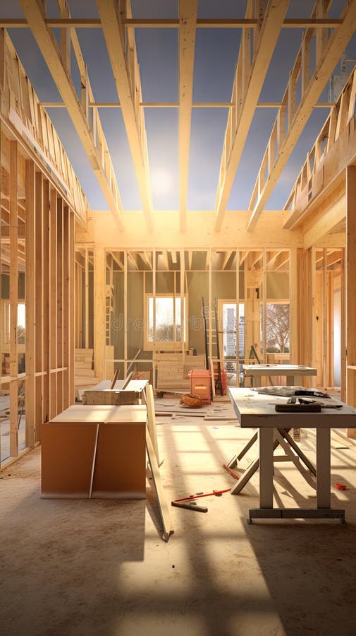 Residential Construction Site Highlighting Interior Framing Work Stock ...
