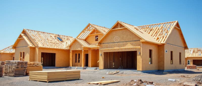 Residential Construction Site with Multiple Wooden-Framed Houses in the ...