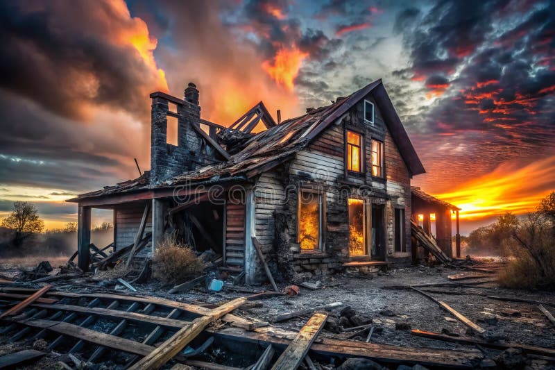 Residential Home Devastation after Fire Collapsed Roof and Blackened ...
