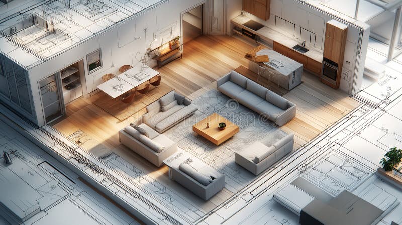 Residential Housing Blueprint with Interior Design Elements and Three ...