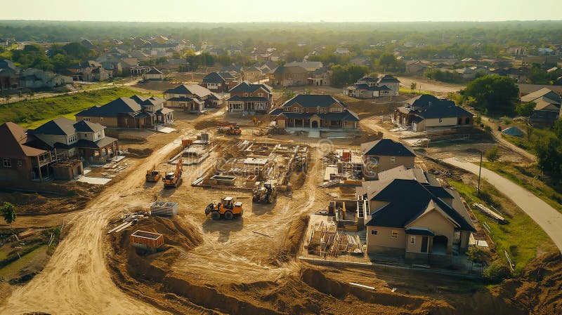 Residential Housing Development Under Construction from Birds-eye View Showcasing Multiple Homes ...