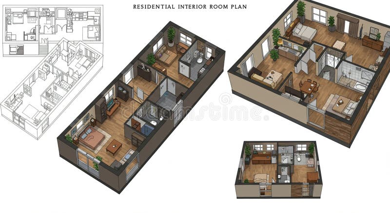 Residential Interior Room Plan Illustration Featuring Three 3D Rendered ...