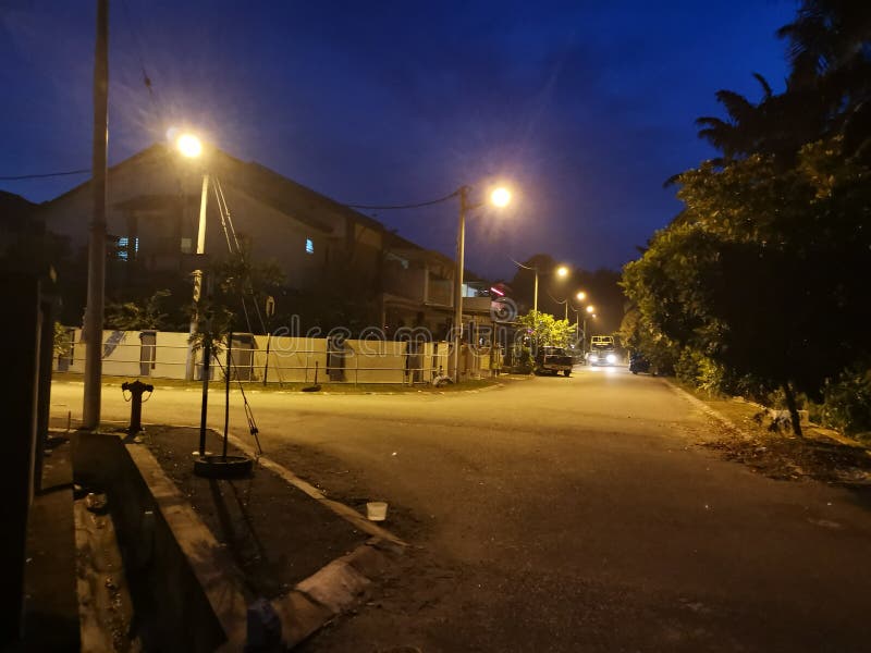 Residential Lamp Post Illuminating the Night Street Stock Photo - Image ...