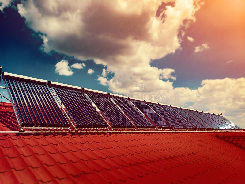 Residential Red Roof Tile with with Solar Panels Stock Image - Image of ...