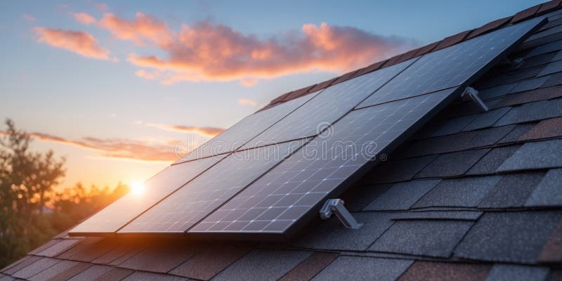 Residential Solar Panel Installation on Shingle Roof at Sunset. Stock ...