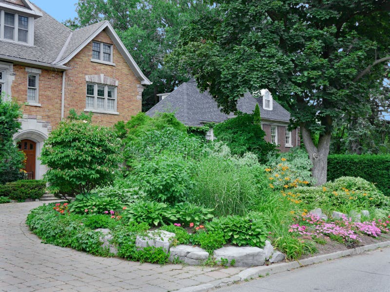 Street with Large Homes and Front Gardens Stock Image - Image of garden ...