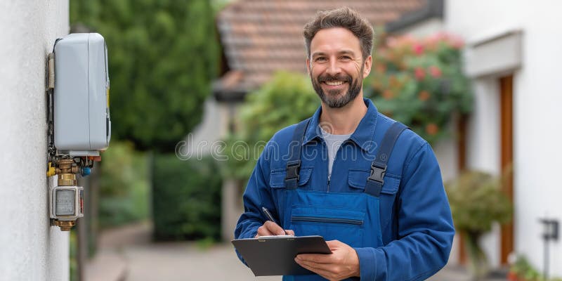 Residential Utility Meter Reader Smiling with Clipboard Stock ...
