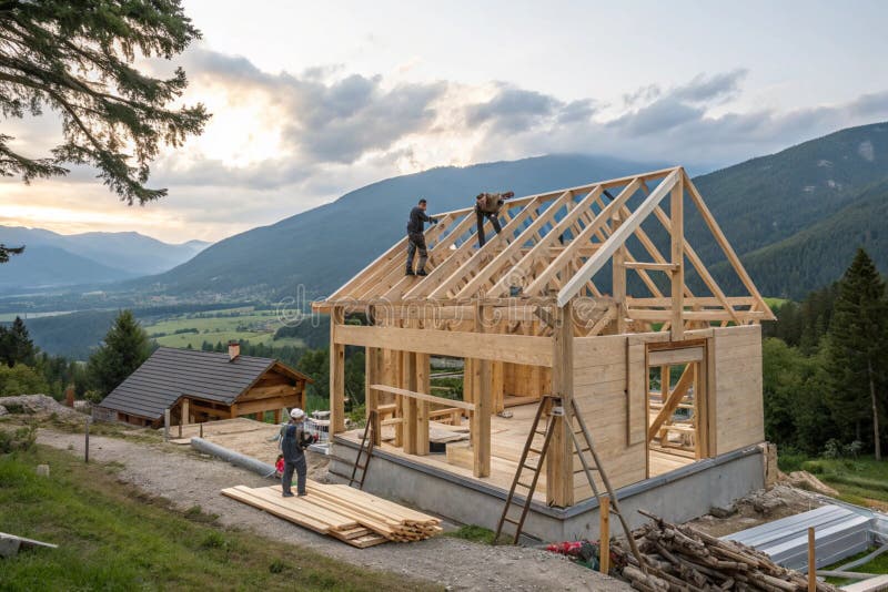 Residential Wooden Frame Structure Under Construction Stock ...